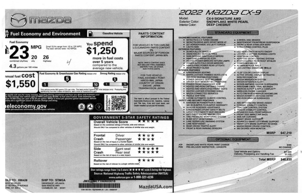 Mazda CX-9 window sticker | S3 Magazine